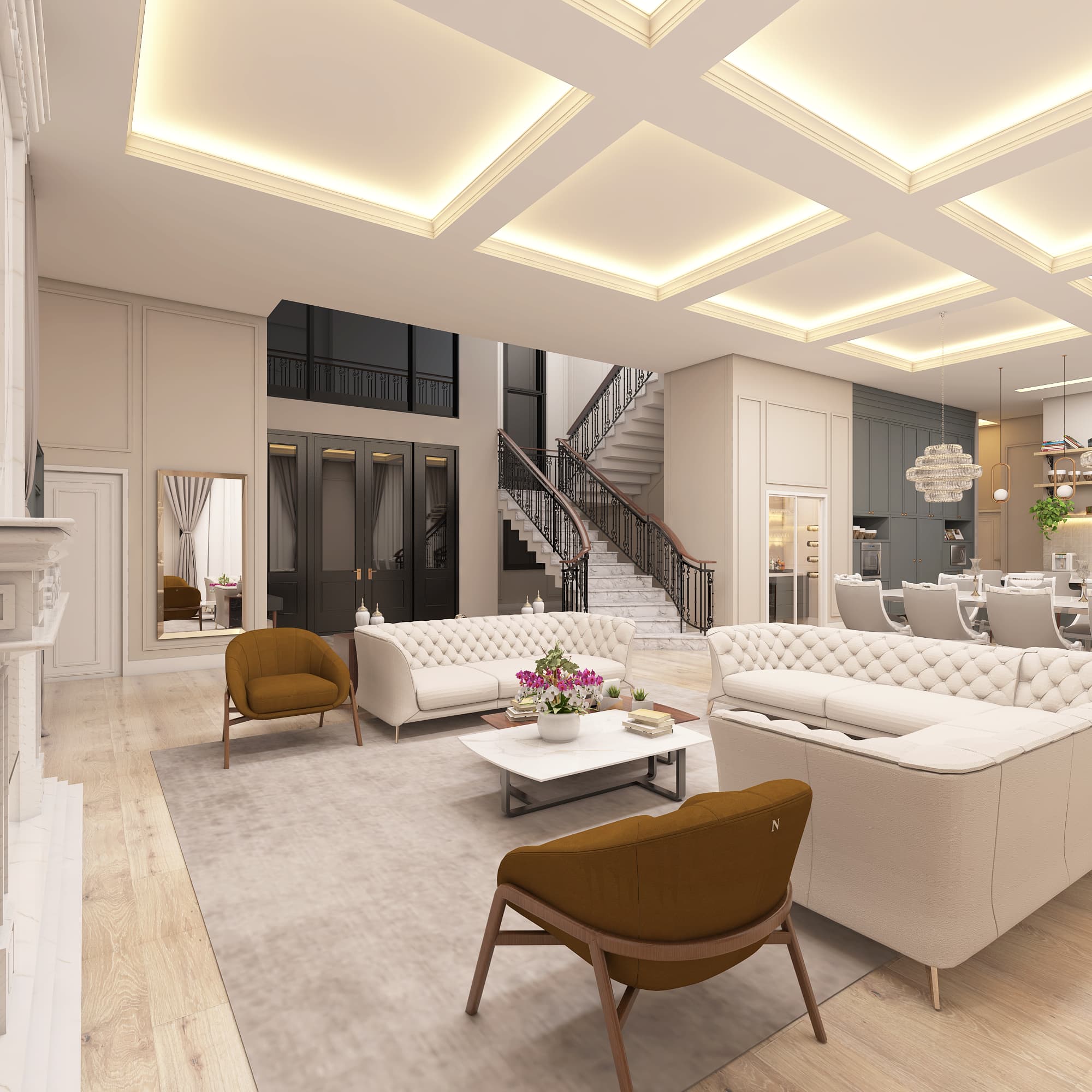 Sala com Luz Embutida e Lareira em Mármore - Italico Special Homes
